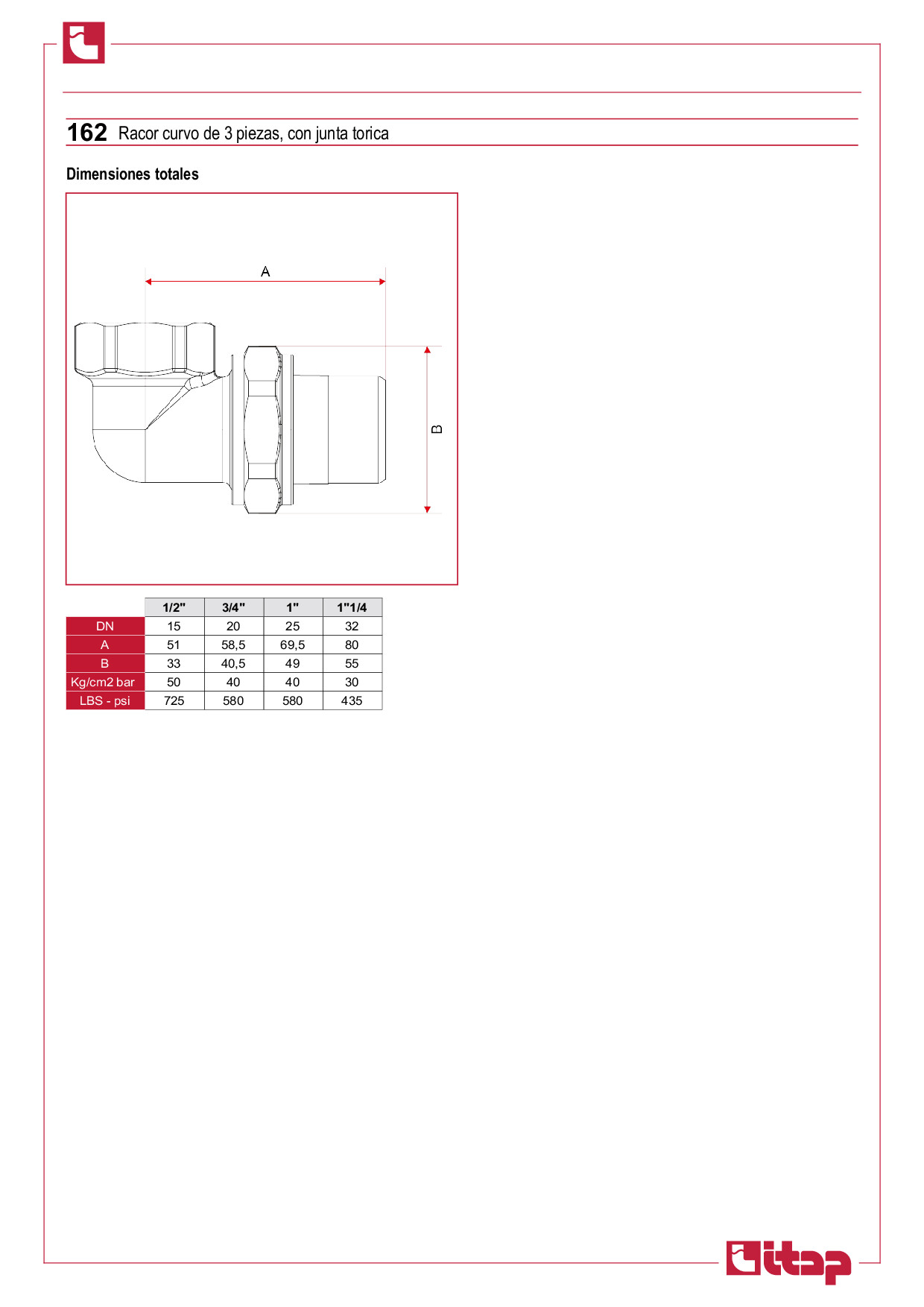 162 Racor curvo de 3 piezas, con junta torica - Itap