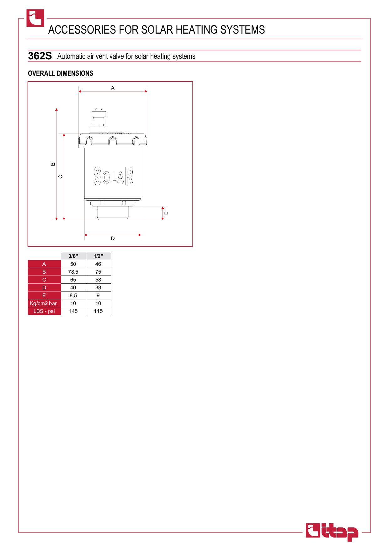 362S Automatic air vent valve for solar heating systems - Itap